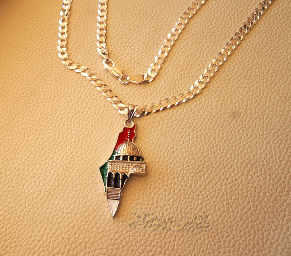 Big Palestine map with Aqsa mosque pendant with very thick chain sterl ...