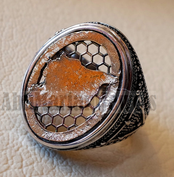 Syria map man ring sterling silver and bronze arabic middle eastern tu ...